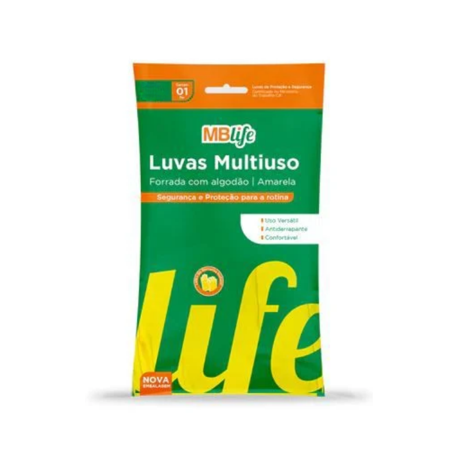 LUVA LÁTEX AMARELA MULTIUSO FORRADA M MBLIFE - MEDIX